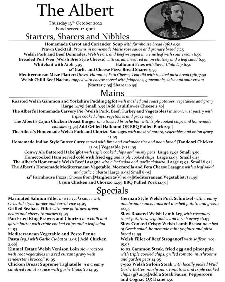 Menu at The Albert pub & bar, Llandudno