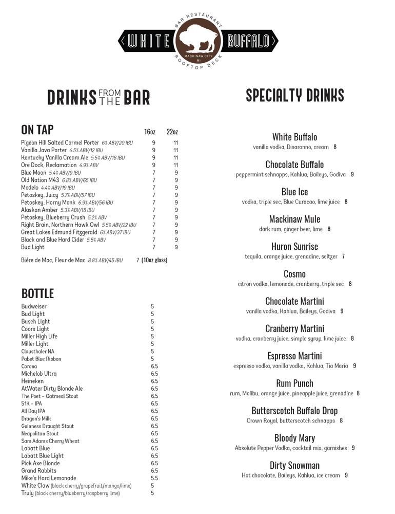 Menu at The White Buffalo Bar & Grille, Mackinaw City