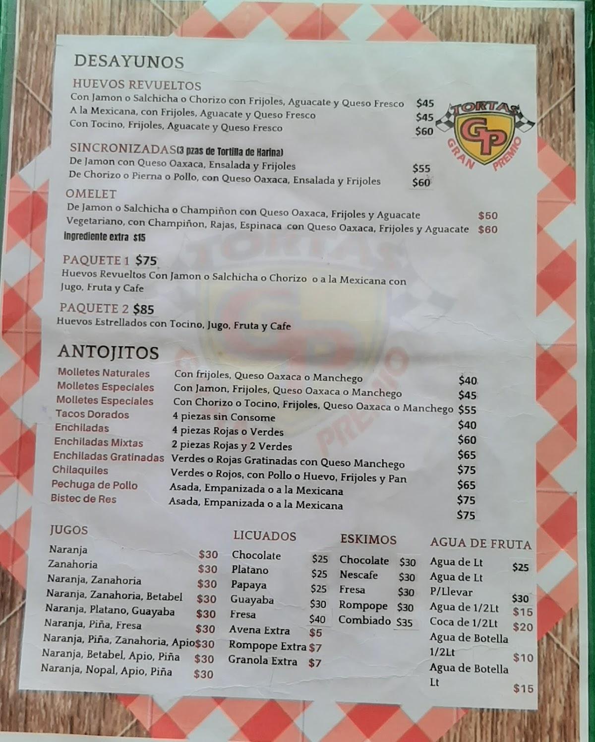 Menu at Tortas Gran Premio restaurant, Zihuatanejo