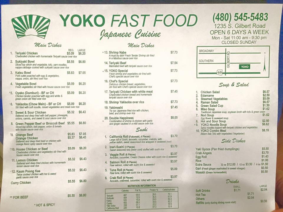 Menu at Yoko Fast Food, Mesa