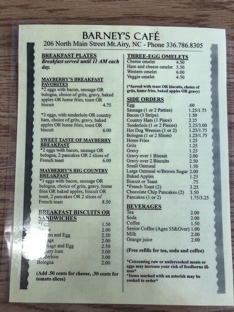 Menu at Barney's Cafe, Mount Airy