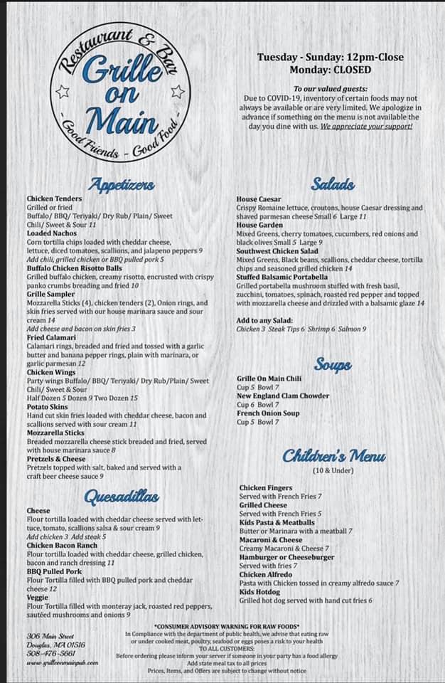 Menu at Grille on Main Restaurant & Bar, Douglas, 306 Main St