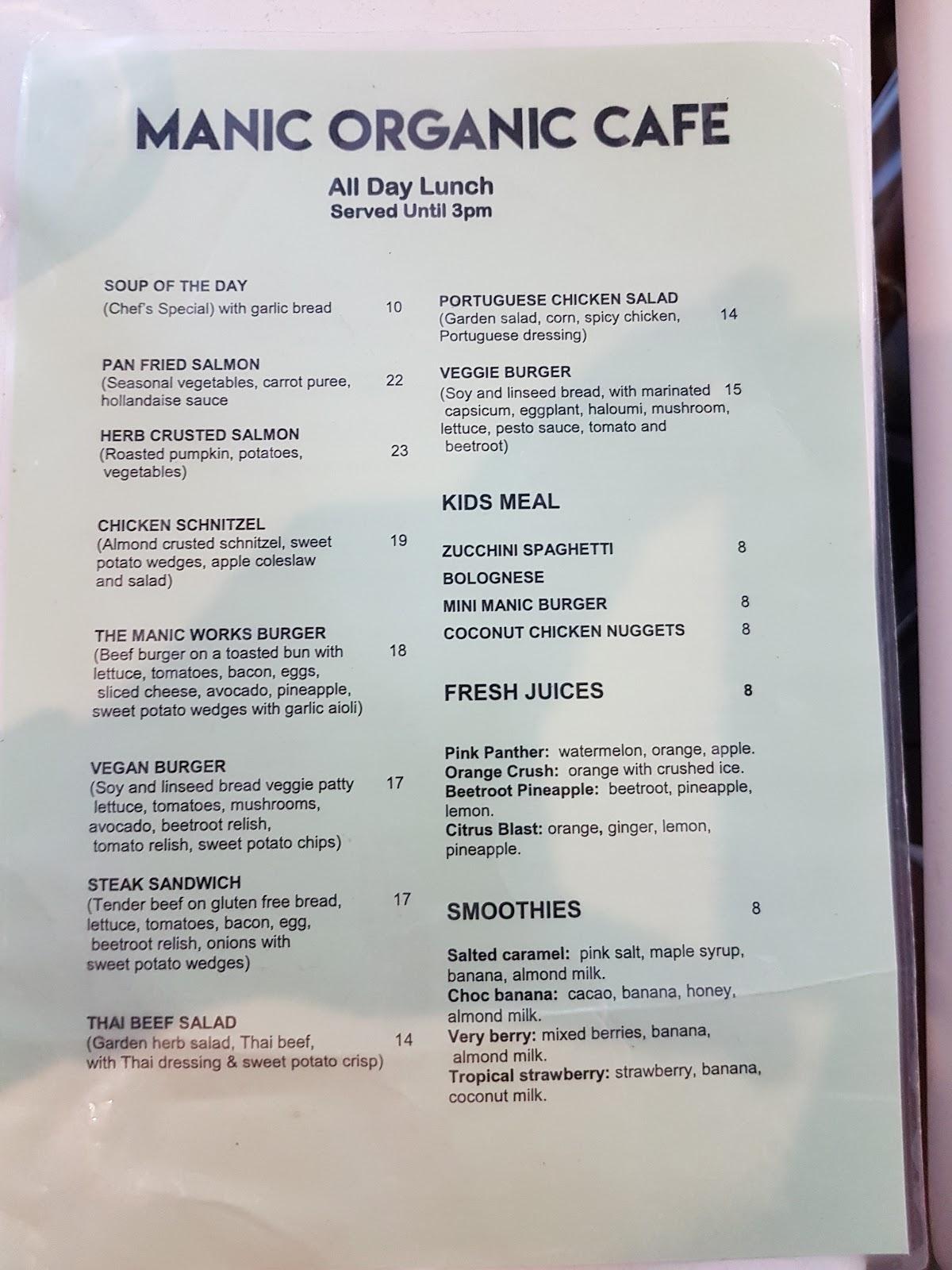 Menu at Manic Organic Cafe, Penrith