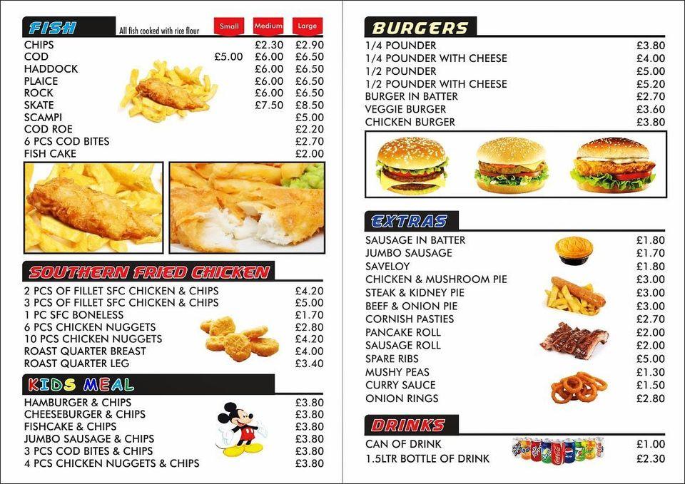 Menu at Paul's Plaice fast food, Maldon