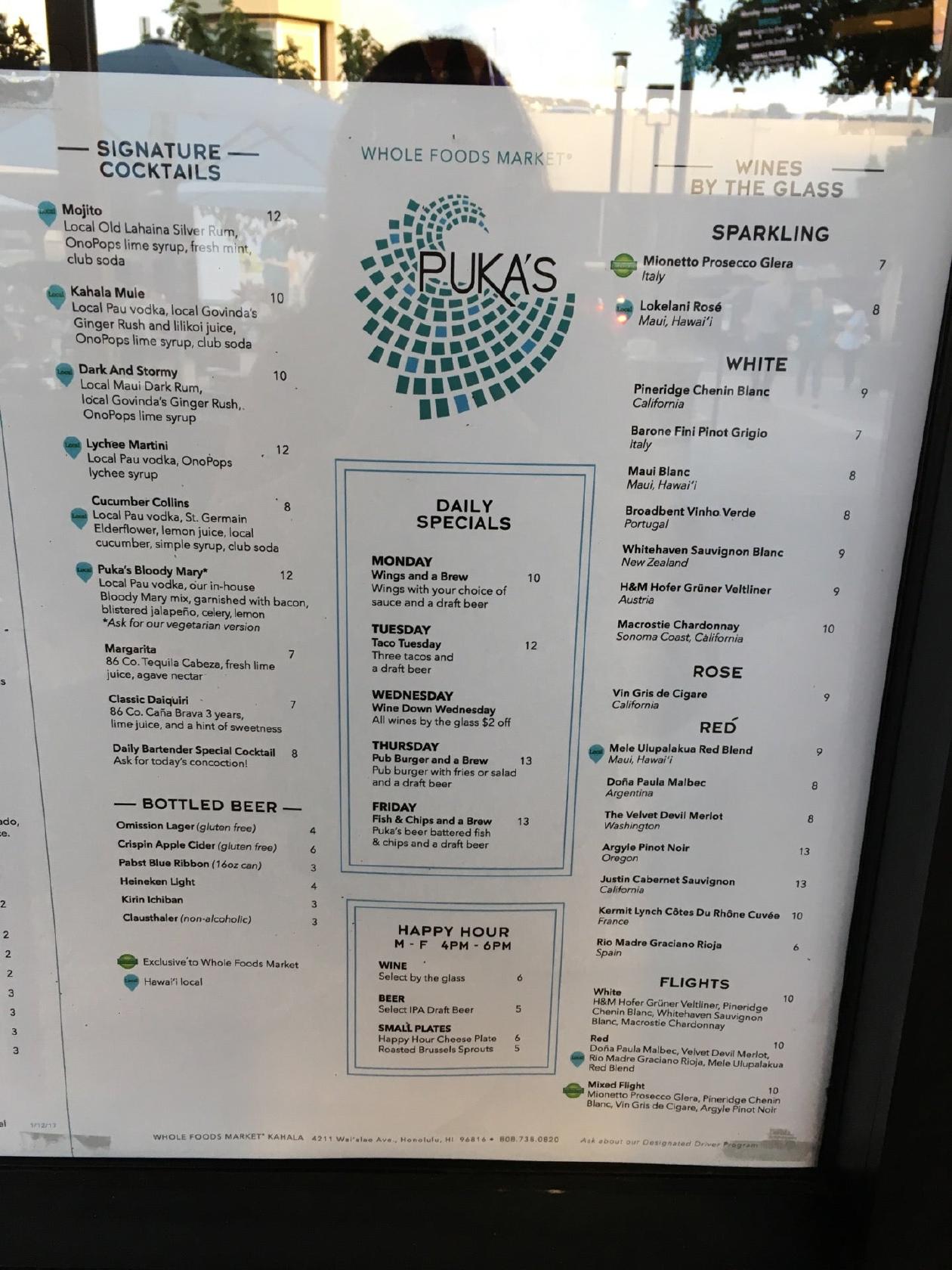 Menu at Puka's pub & bar, Honolulu