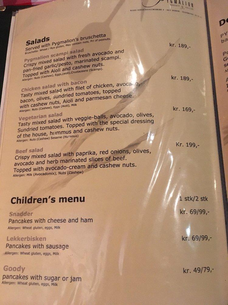 Menu at Pygmalion cafe, Bergen