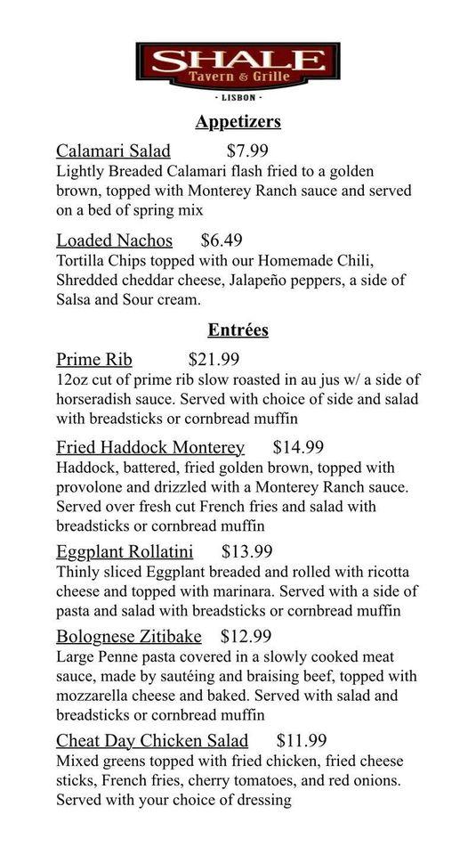 Menu at Shale Tavern & Grille restaurant, Lisbon