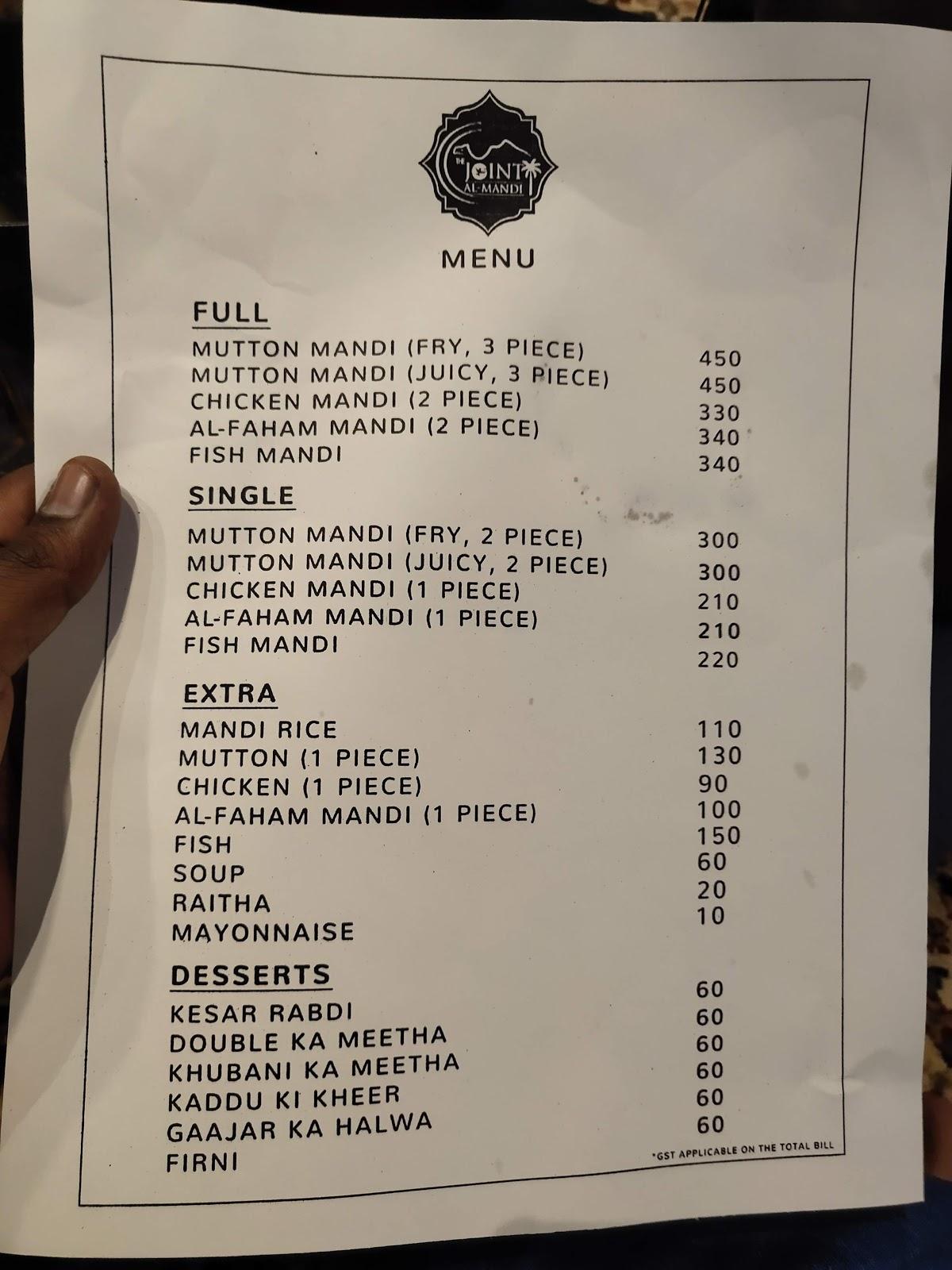 Menu at THE JOINT AL- MANDI, Secunderabad