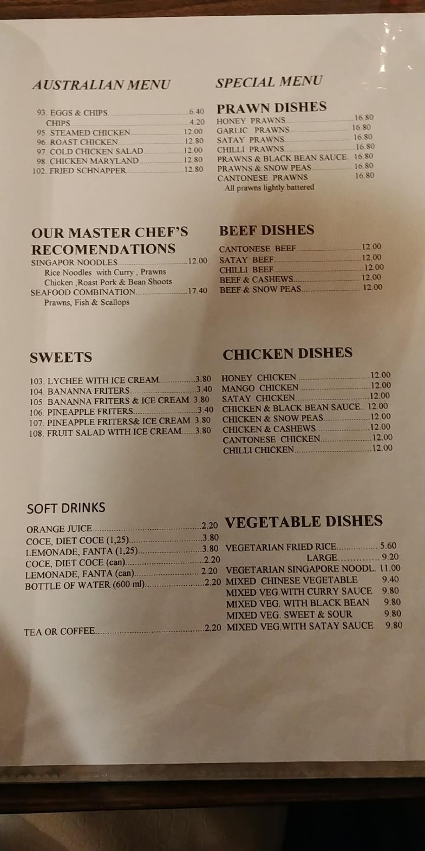 Menu at Tai Wah fast food, Mentone