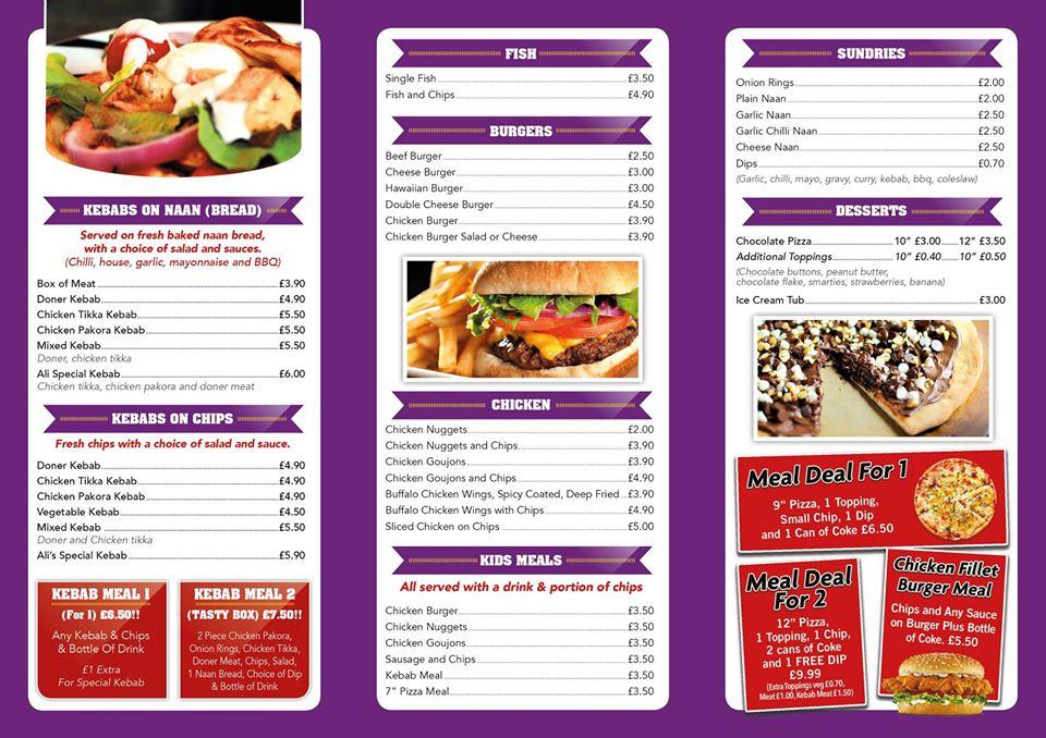 Menu at Ali's King Kebab restaurant, Portadown