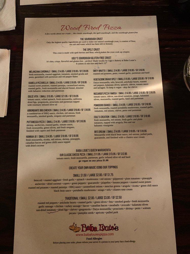 Menu at Baba Louie's pizzeria, Hudson