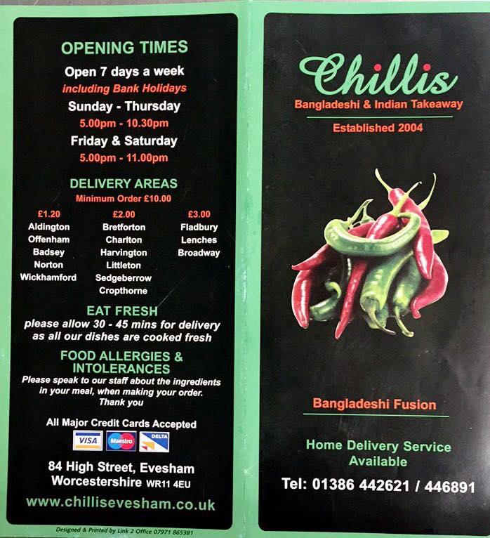 Menu at Chillis Takeaway fast food, Evesham