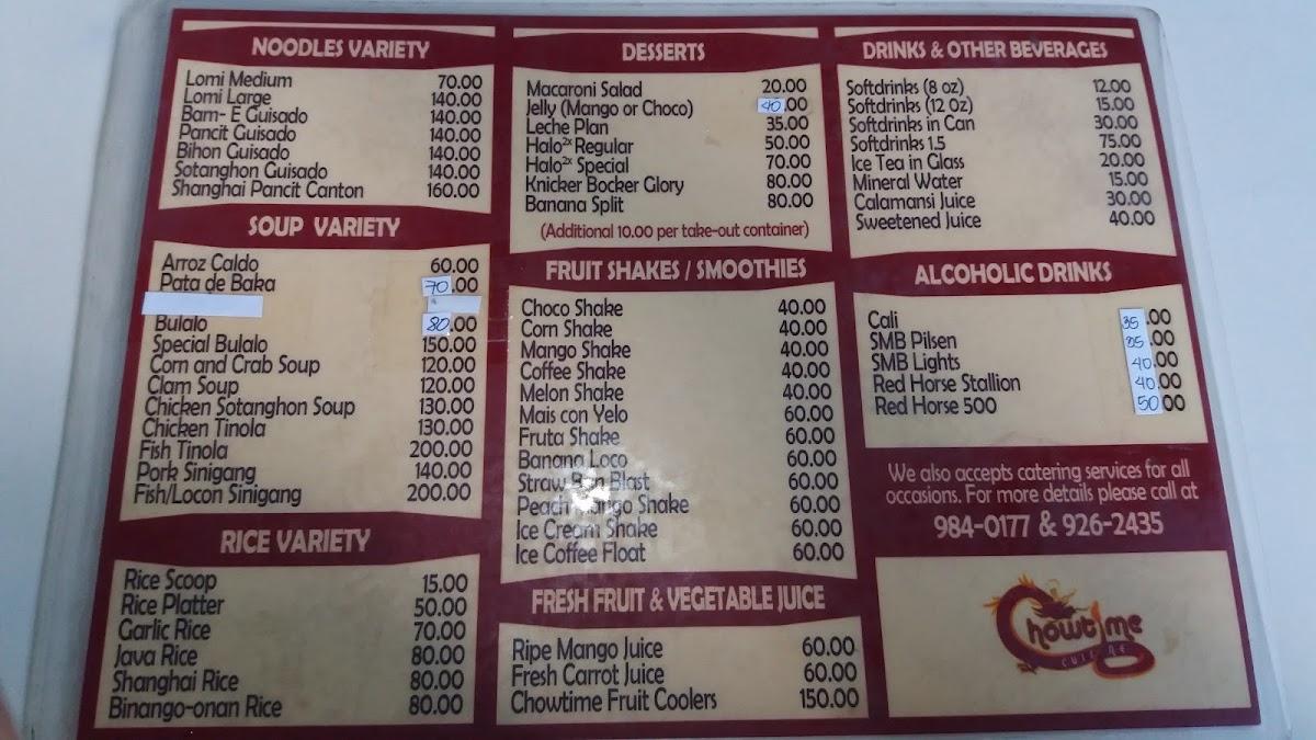 Menu at Chowtime Cuisine Divisoria restaurant, Zamboanga