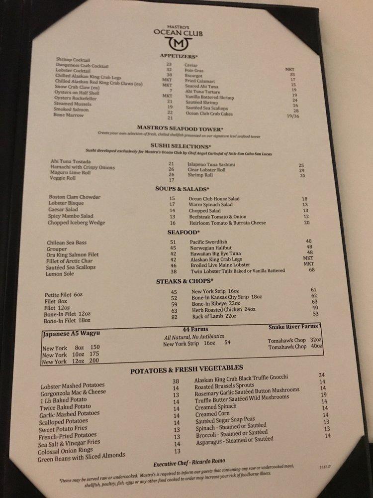 Menu at Mastro's Ocean Club, Las Vegas