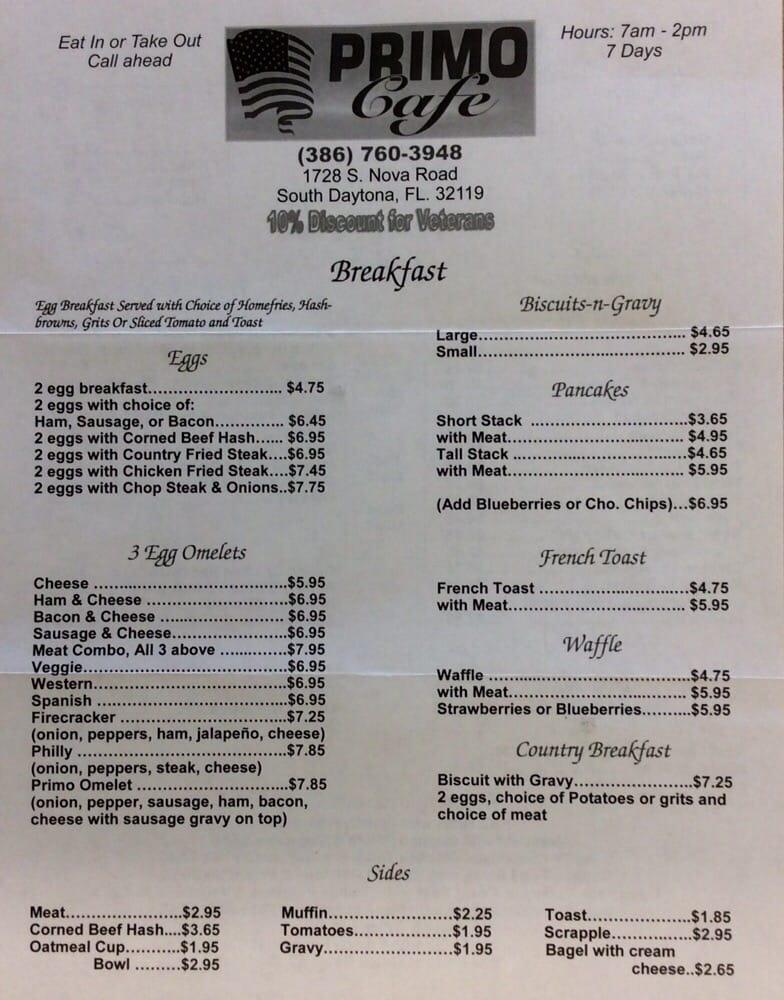 Menu at Monkey Morning Cafe, South Daytona