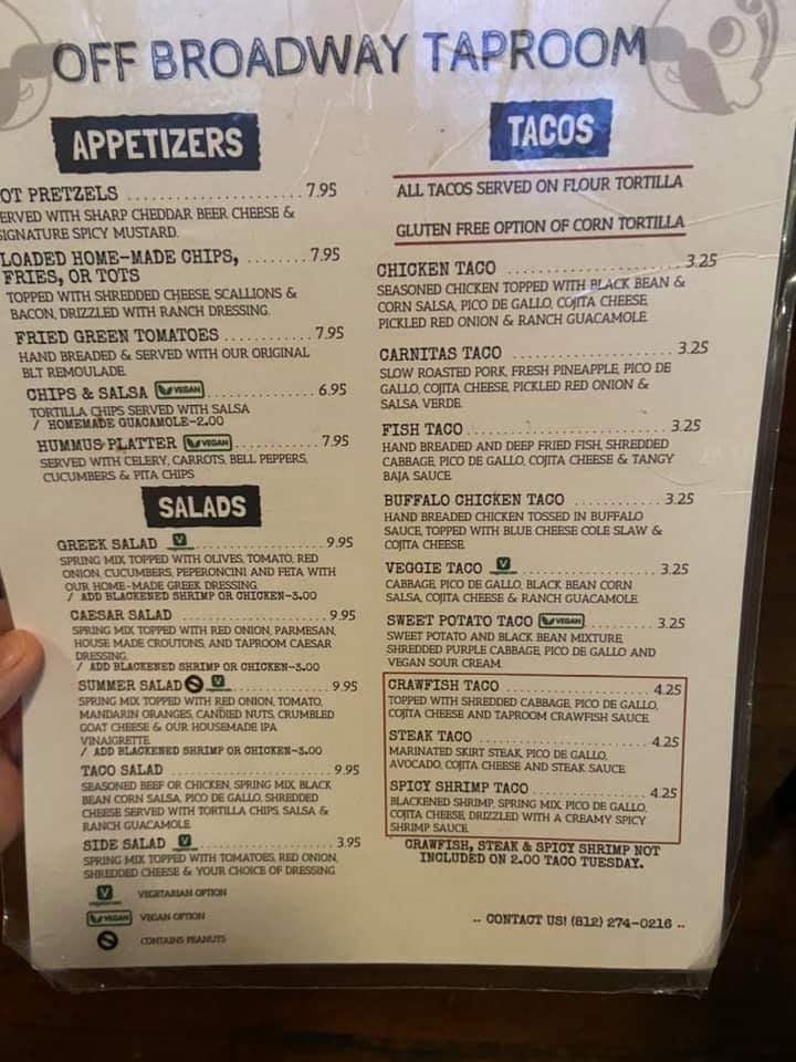 Menu at Off Broadway Taproom pub & bar, Madison