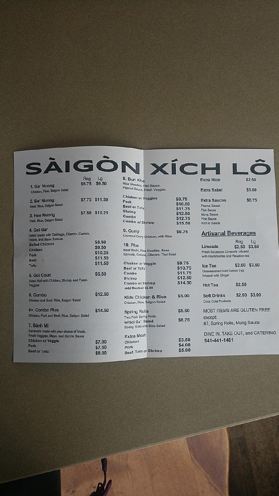 Menu at Saigon Xich Lo restaurant, Grants Pass