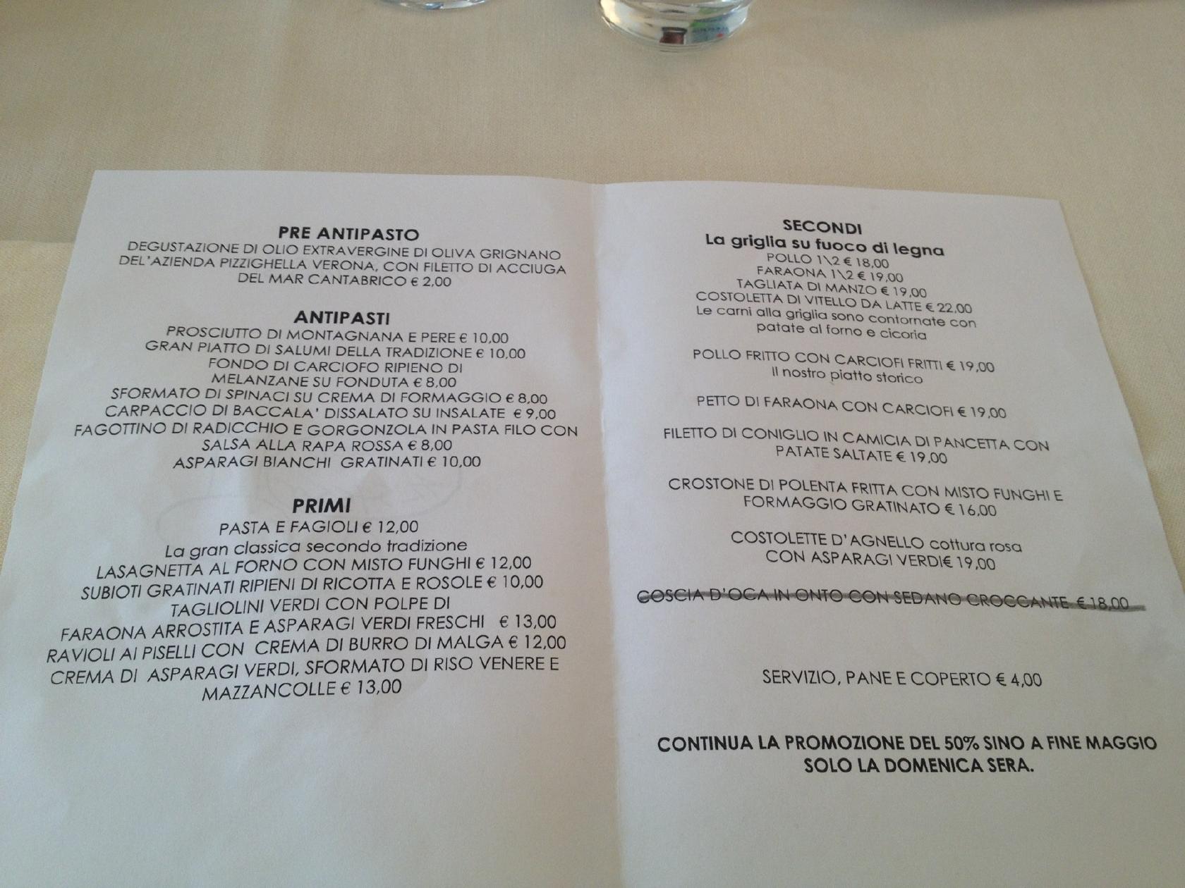 Menu at Trattoria Al Sasso restaurant, Teolo