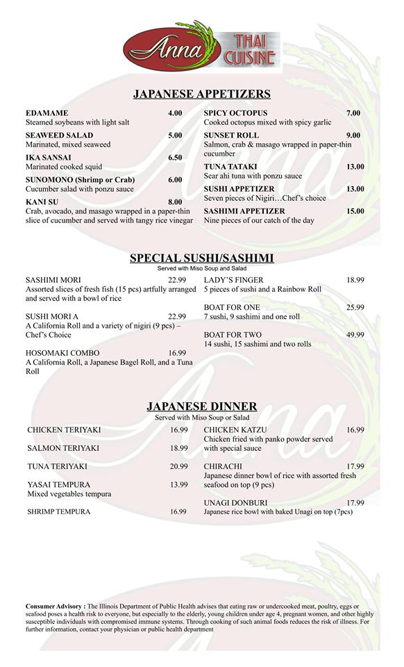 Menu at Anna Thai Restaurant, Decatur, 253 N Main St
