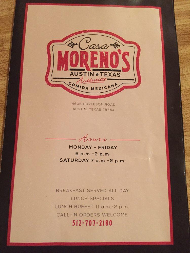 Menu at Casa Moreno's restaurant, Austin, E Ben White Blvd