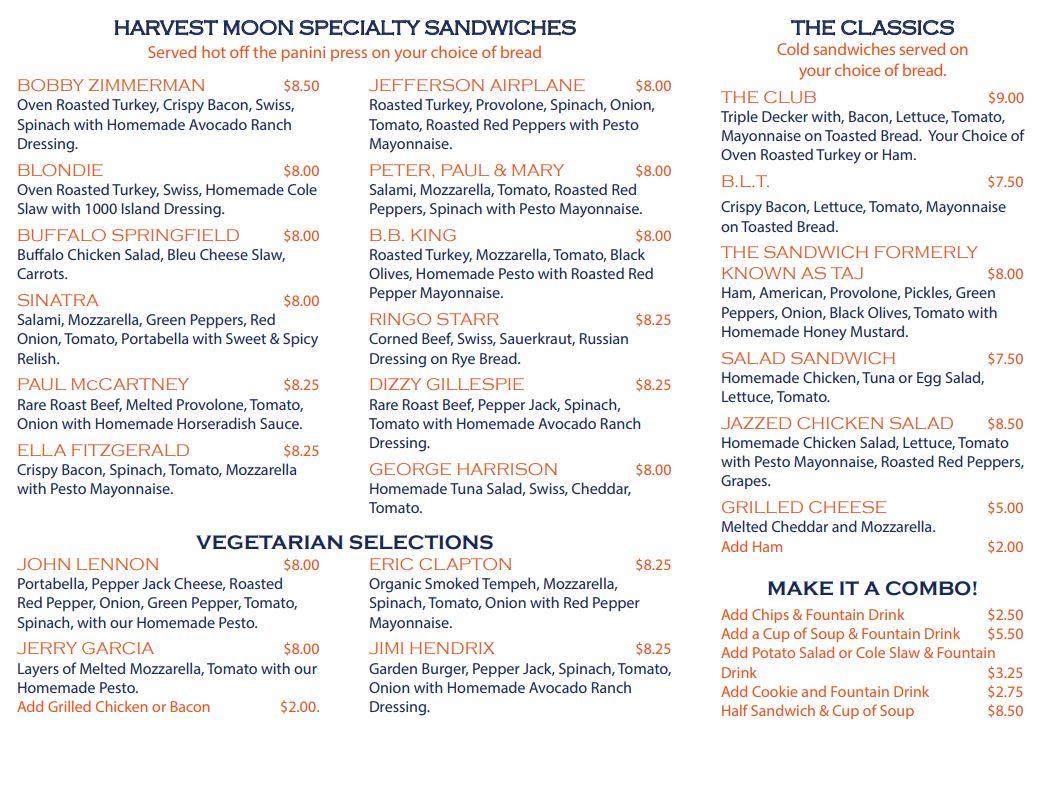 Menu at Harvest Moon Deli restaurant, Bangor, 72 Columbia St