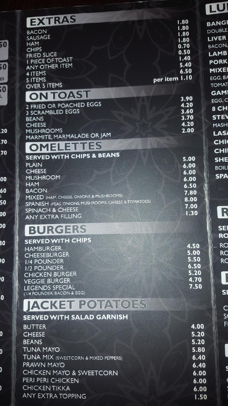 Menu at Legends Cafe (Buckhurst Hill), Buckhurst Hill, 24 Queen's Rd