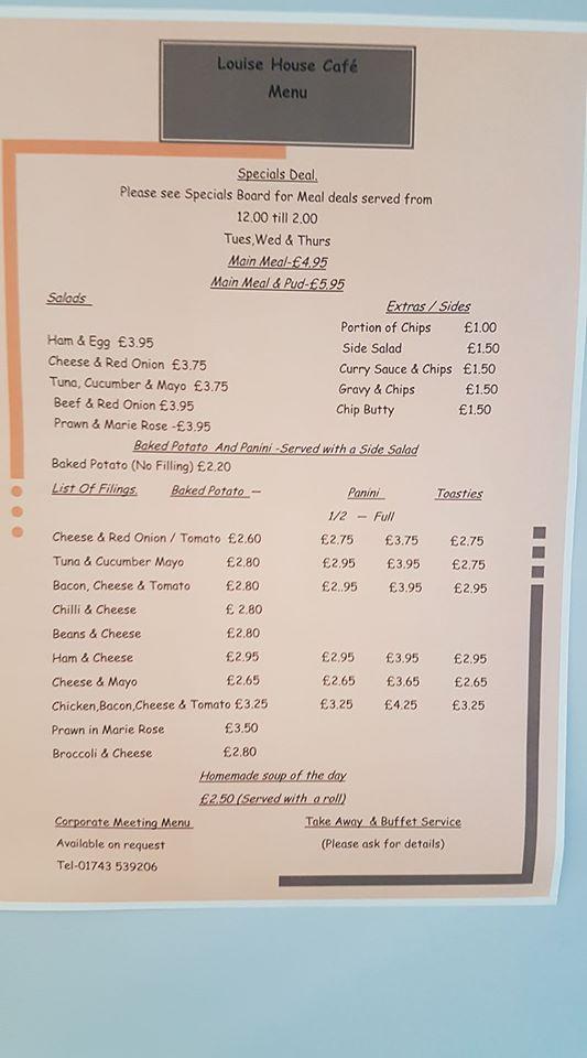 Menu at Louise House Cafe, Shrewsbury