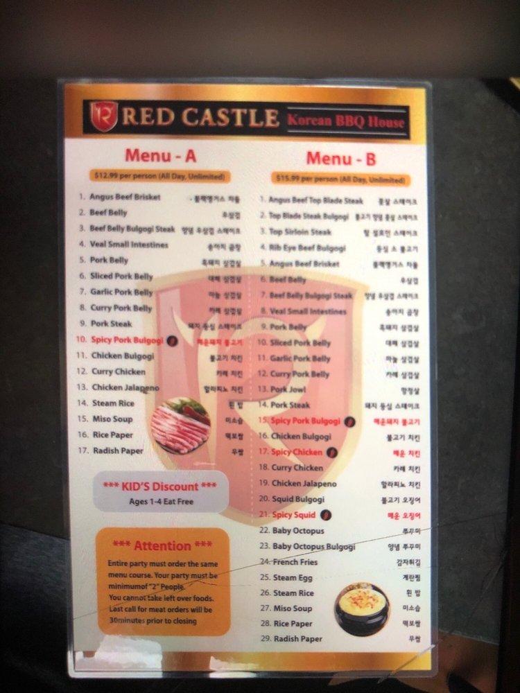 Menu at Red Castle Korean BBQ, Rialto