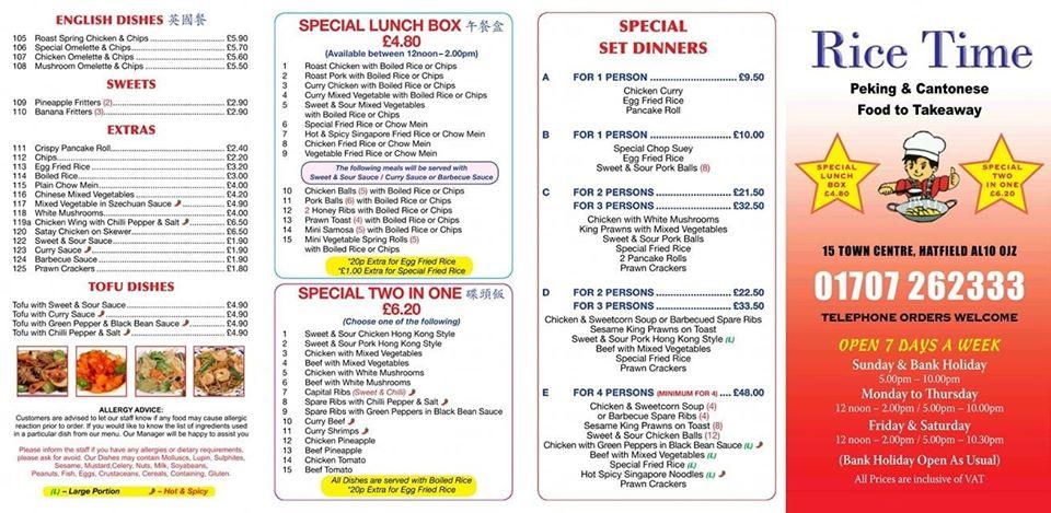 Menu at Rice Time fast food, Hatfield