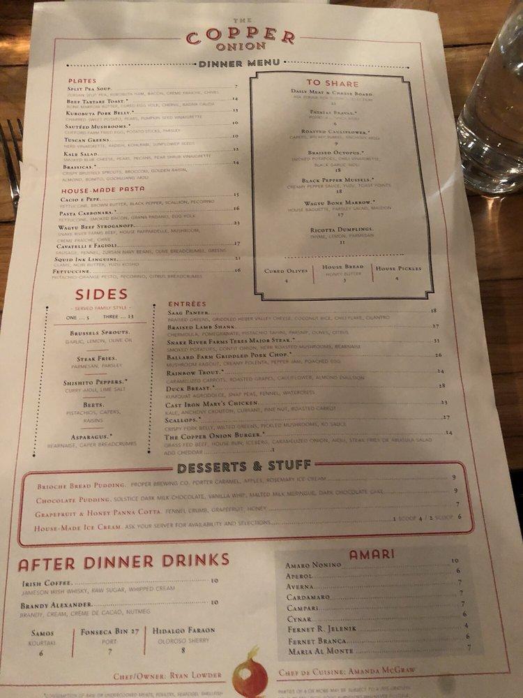 Menu at The Copper Onion restaurant, Salt Lake City