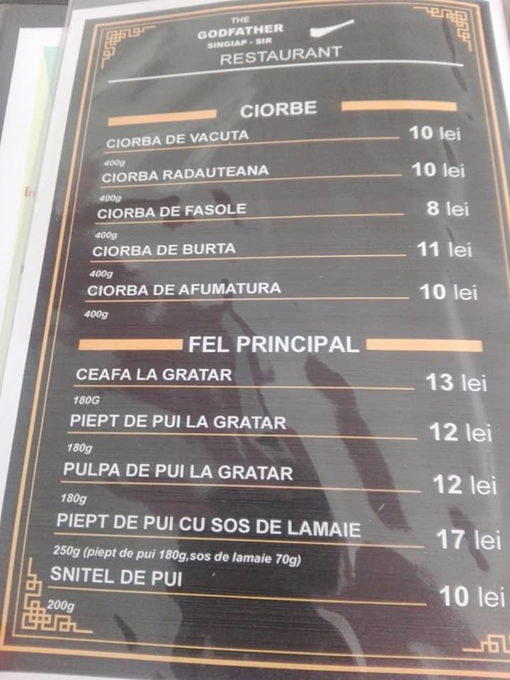 Menu at The Godfather, Pașcani