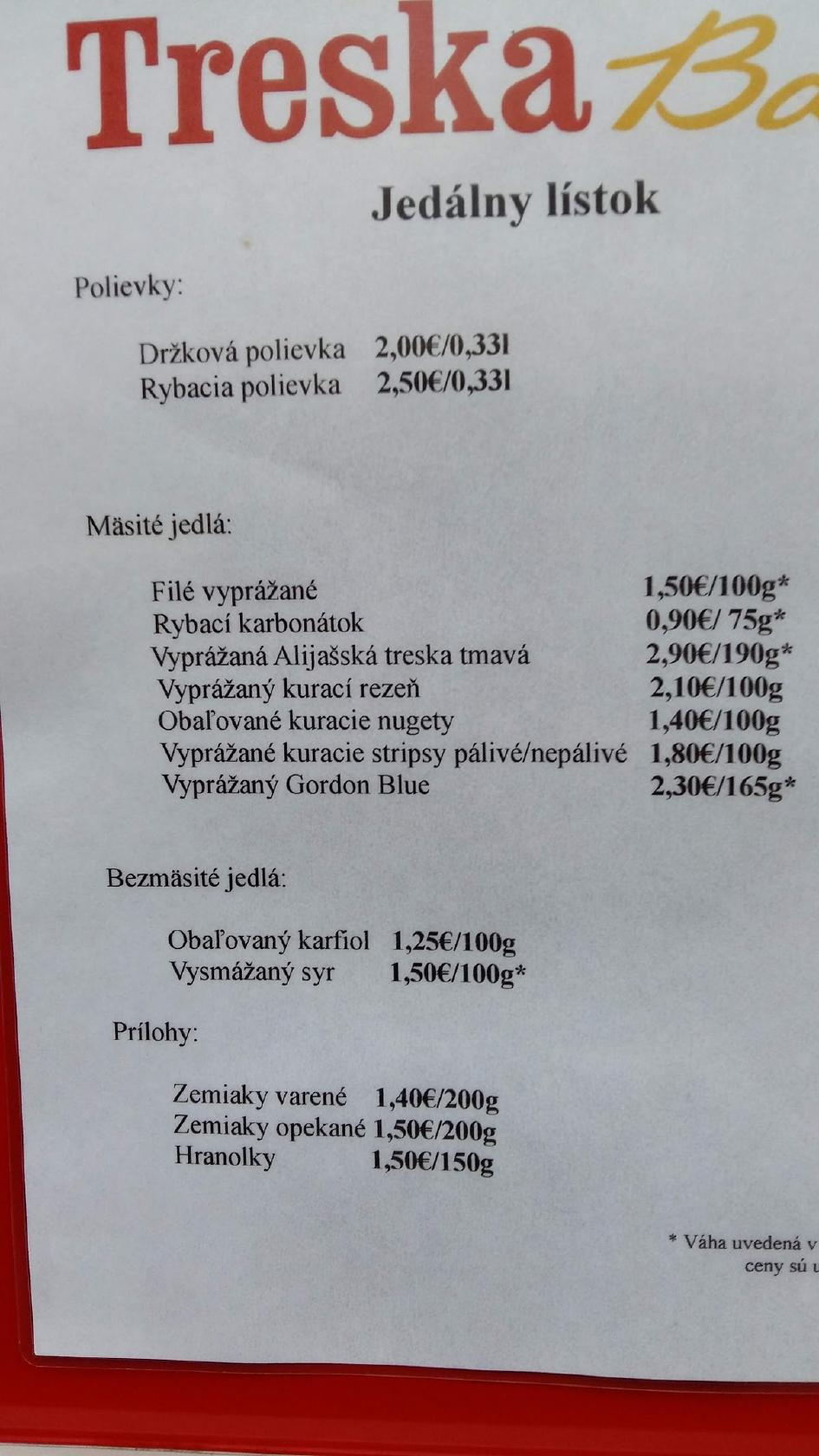 Menu at Treska bar, Trenčín