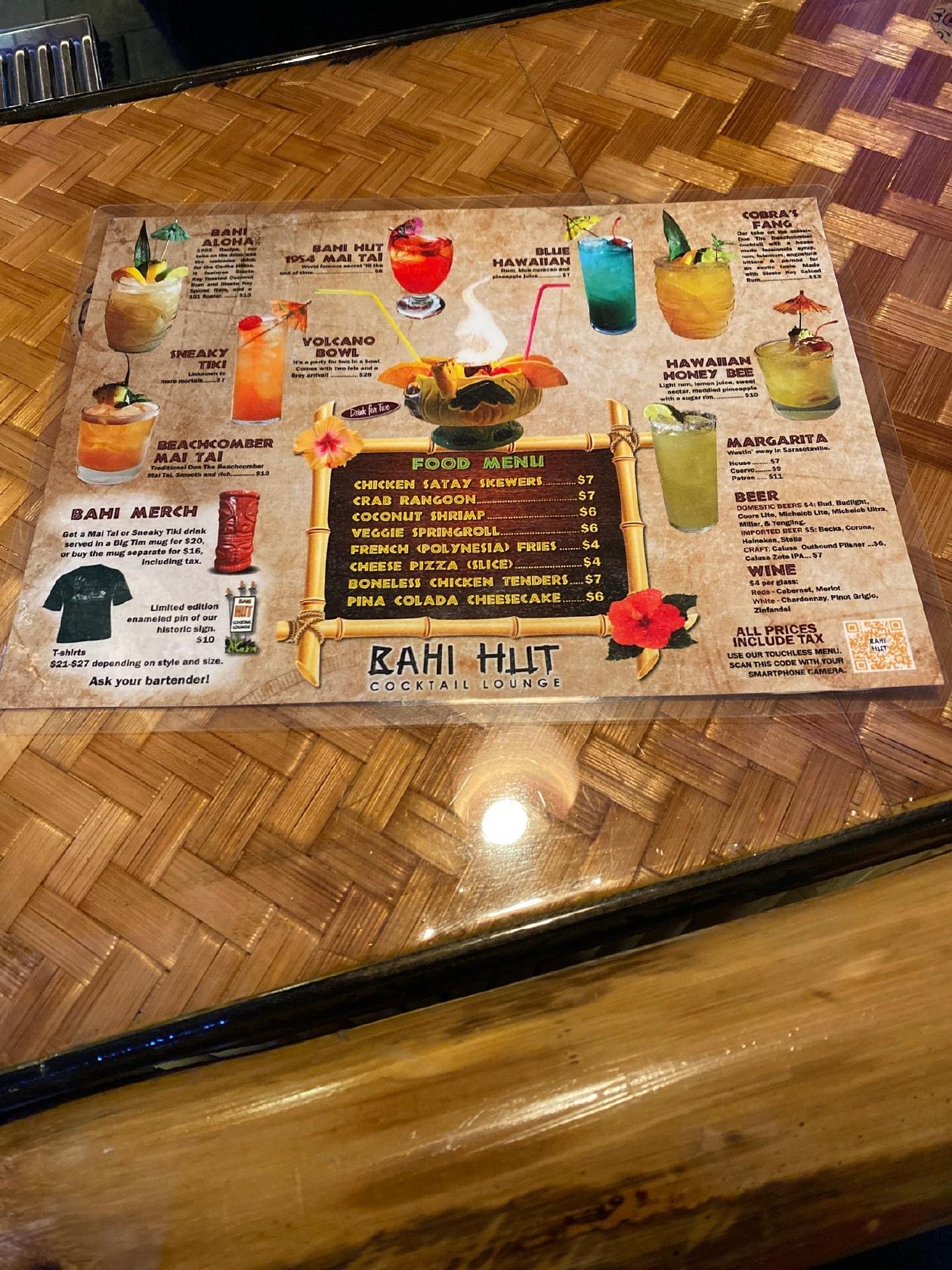 Menu at Bahi Hut Tiki Cocktail Lounge pub & bar, Sarasota