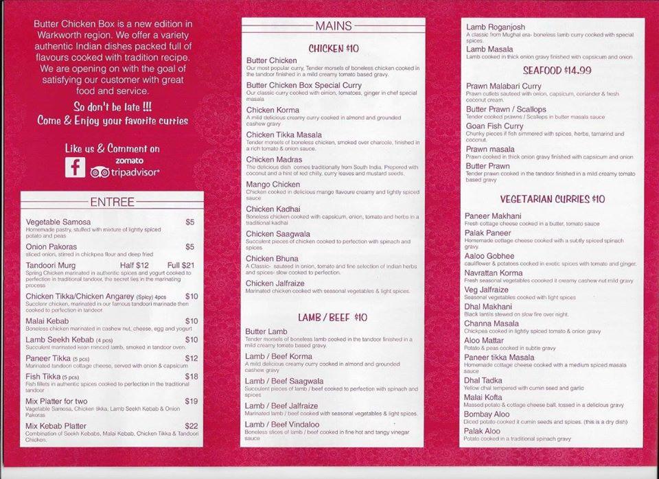 Menu at Butter Chicken Box restaurant, Warkworth