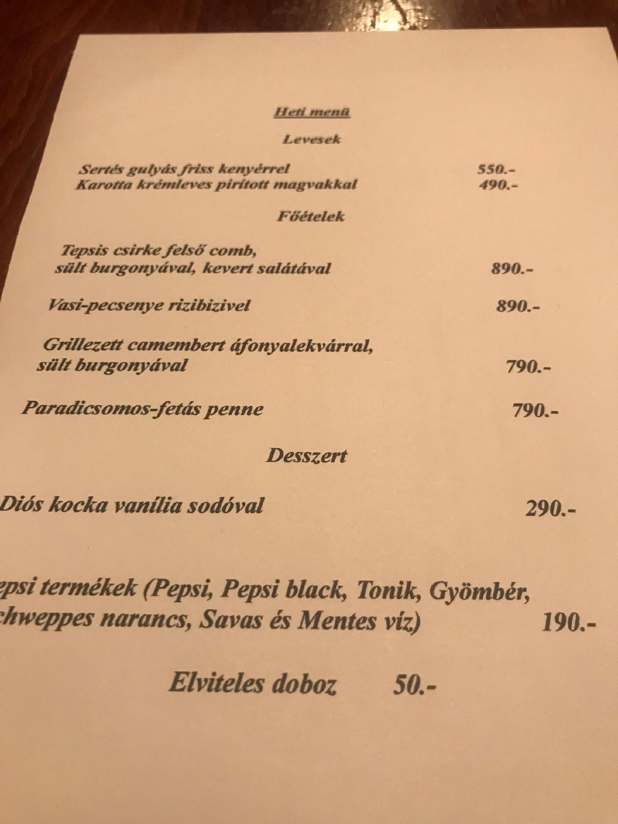 Menu at Clock Pub & Restaurant, Budapest
