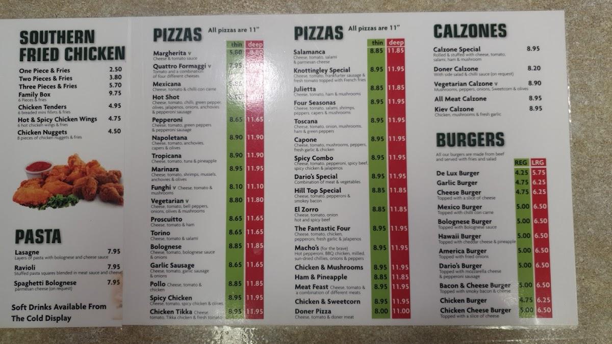 Menu at Dario's fast food, Knottingley