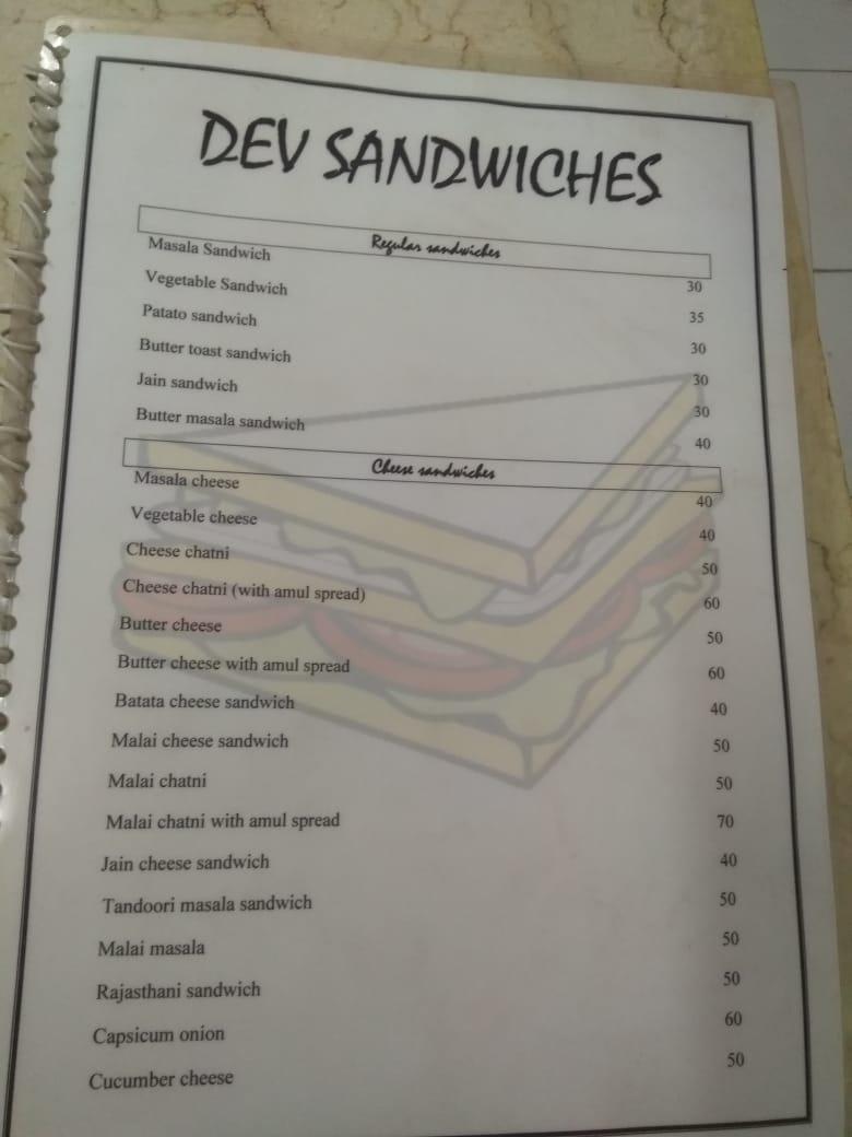 Menu at Dev Sandwiches, Indore, Shree Krishana Chamber