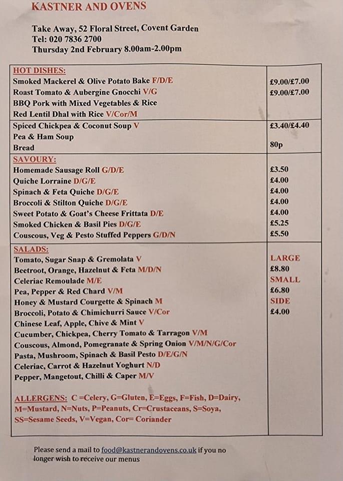 Menu at Kastner & Ovens restaurant, London, 52 Floral St