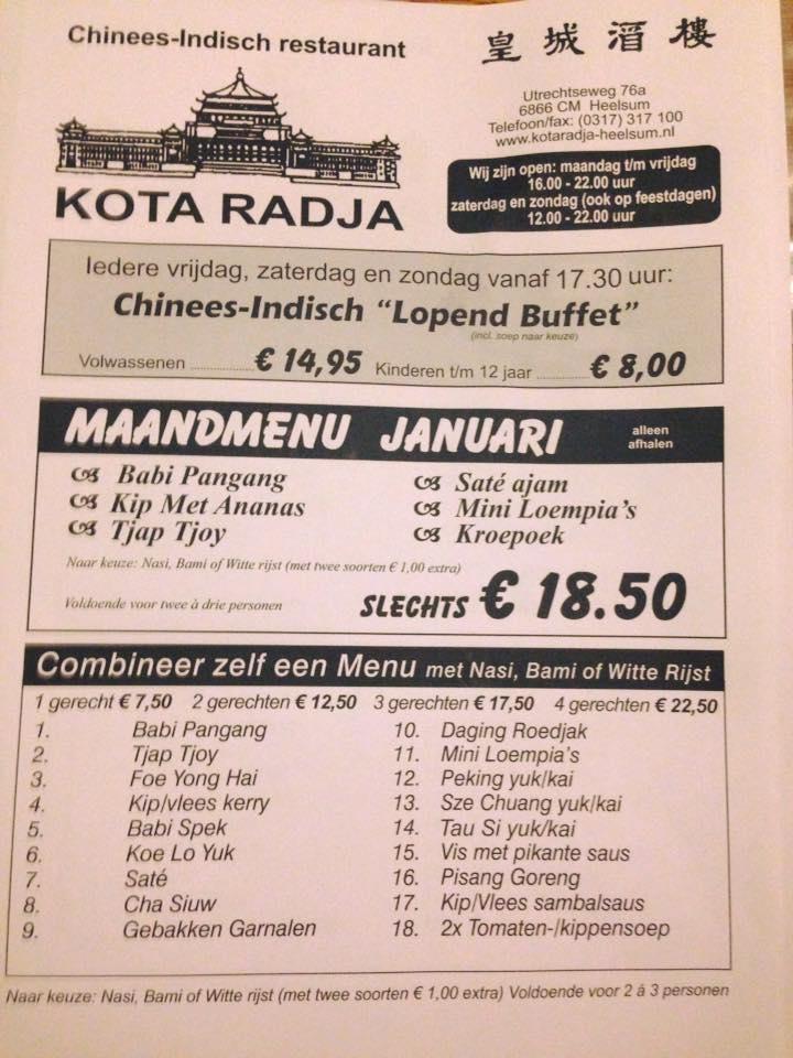 Menu at Kota Radja, Heelsum
