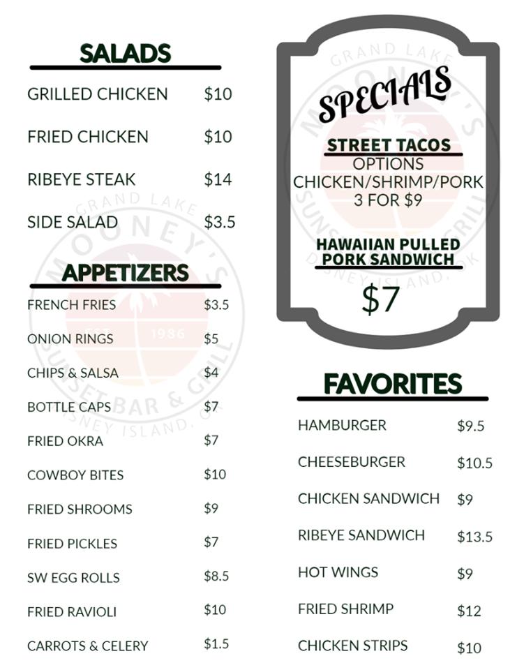 Carta de Mooney's Sunset Bar & Grill 21 and Over Only, Disney