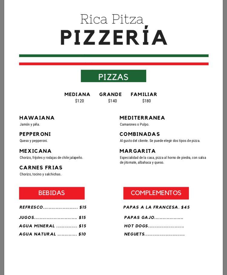 Menu at Rica Pitza restaurant, Amealco de Bonfil