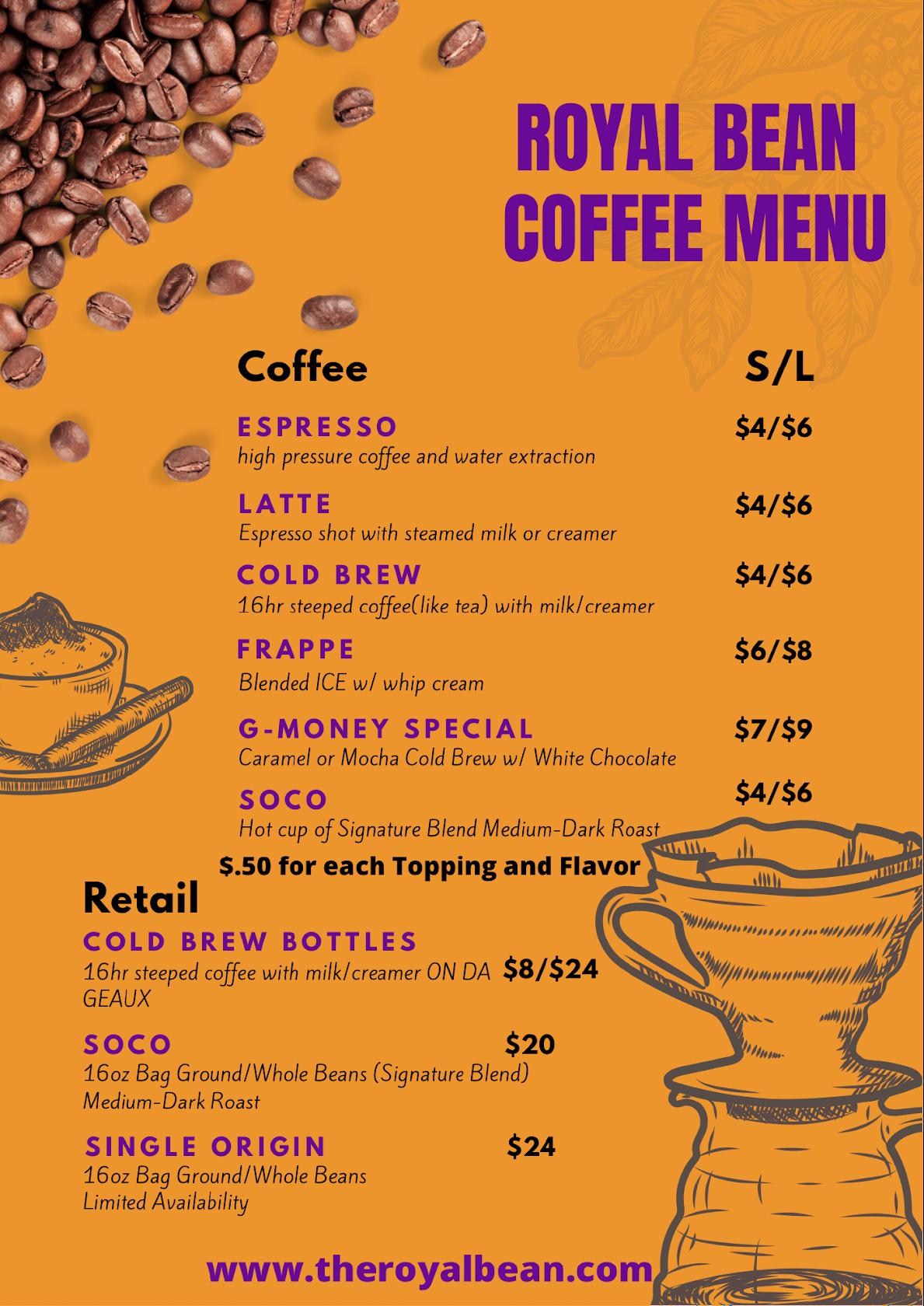 Menu at The Royal Bean Coffee, Gretna