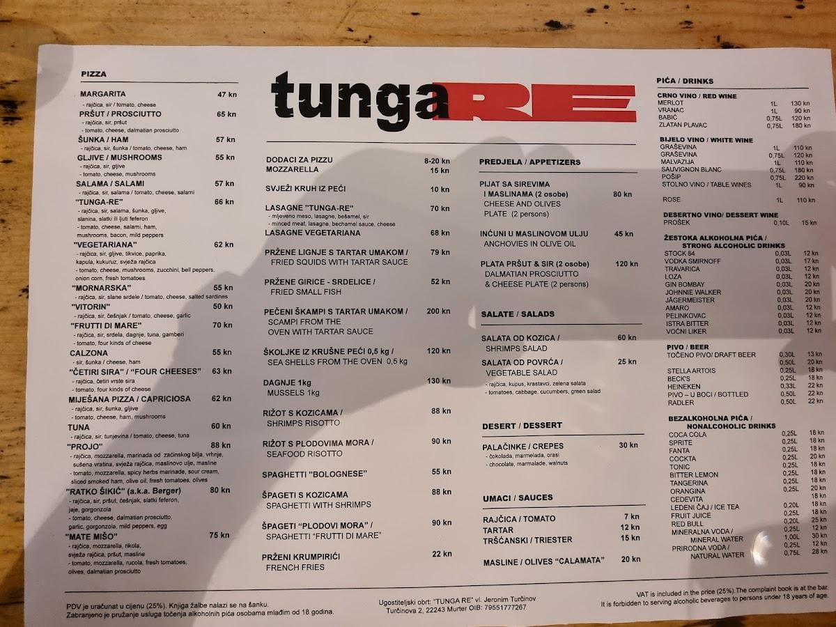 Menu at Tunga Re restaurant, Murter