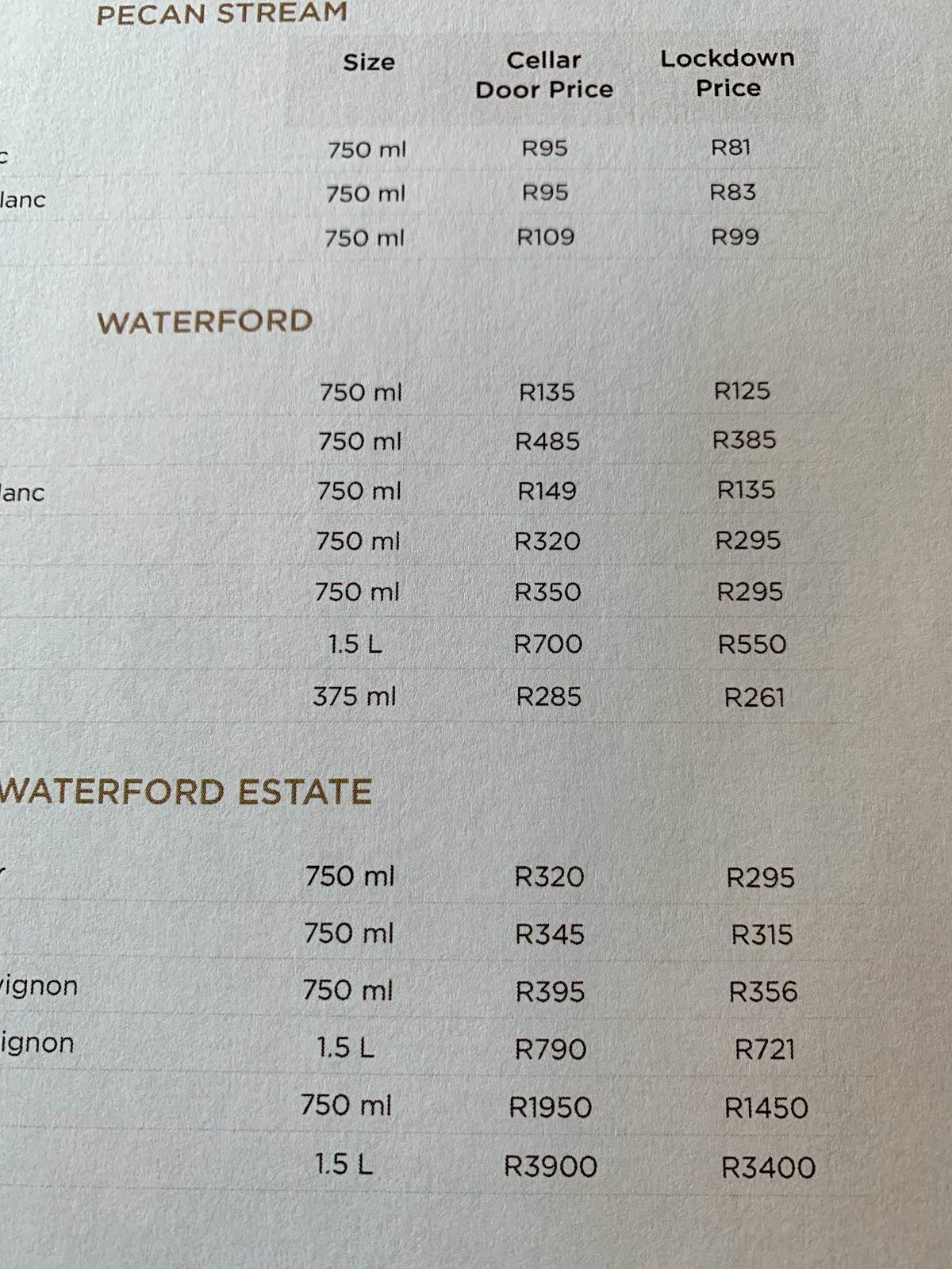 Menu at Waterford Estate pub & bar, Stellenbosch