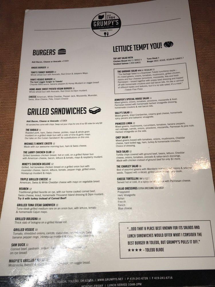 Menu at Grumpy's Toledo restaurant, Toledo