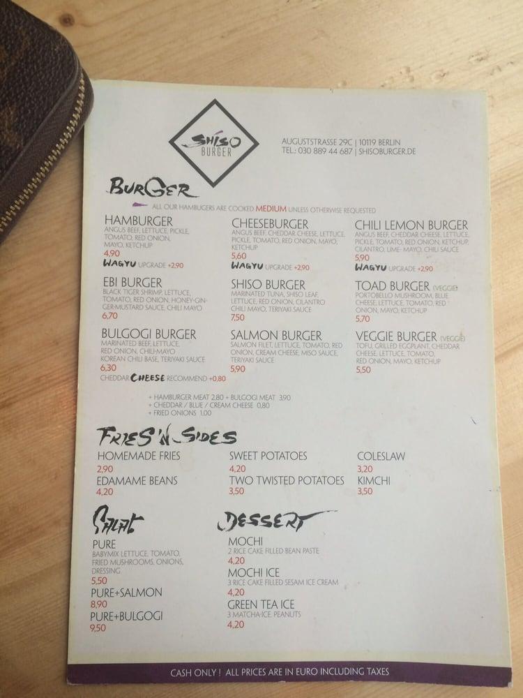 Menu at Shiso Burger restaurant, Berlin, Auguststraße 29C