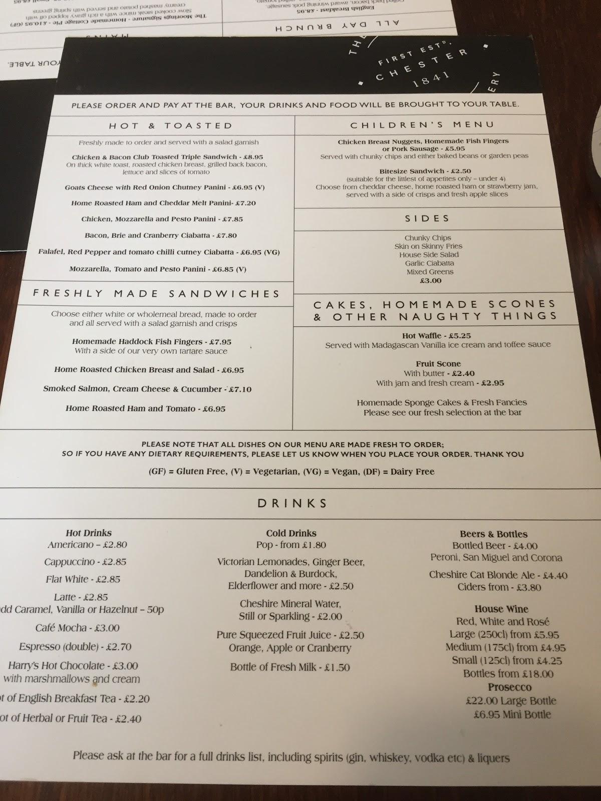 Menu at The Moorings restaurant, Chester