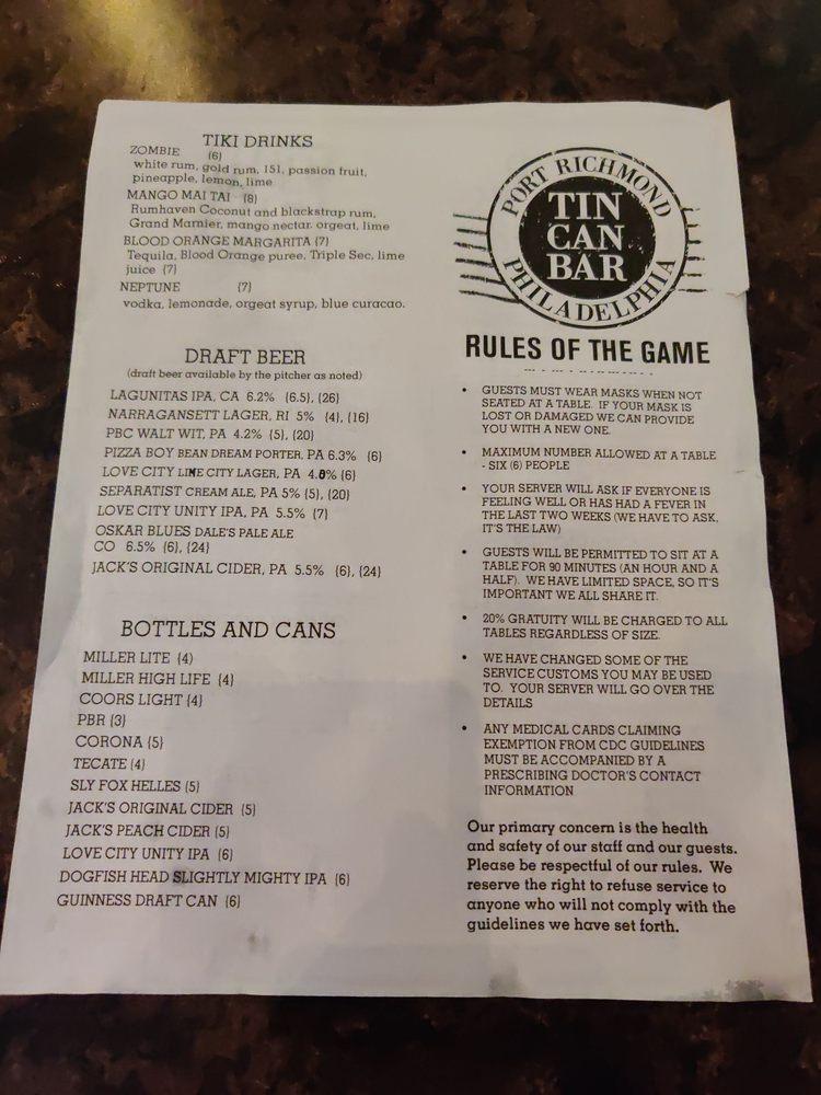 Carta de Tin Can Bar, Filadelfia
