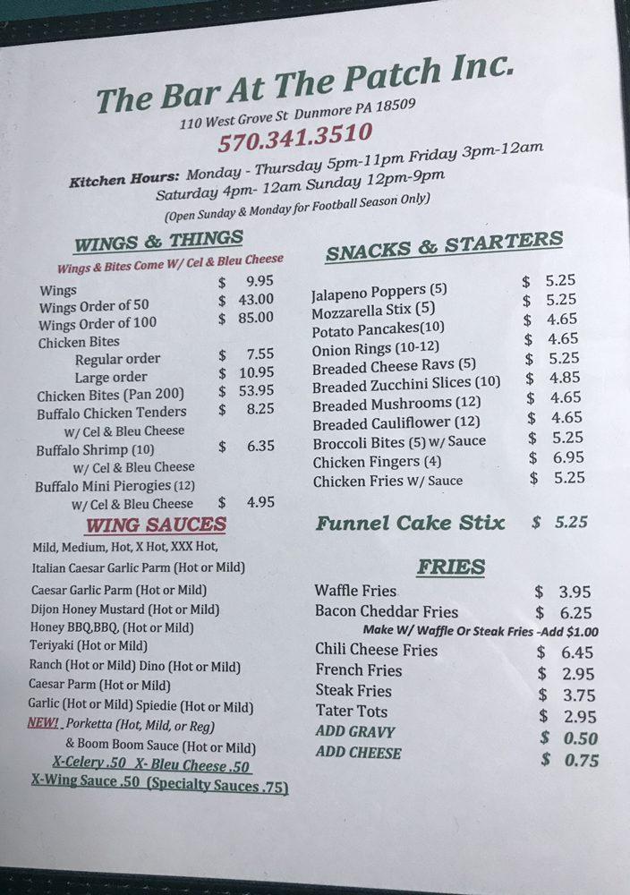 Menu at Bar At the Patch Inc, Dunmore