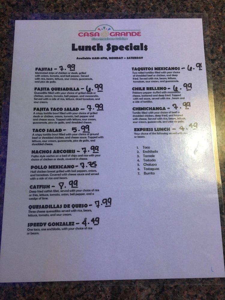 Menu at Casa Grande restaurant, Poplar Bluff, N Westwood Blvd